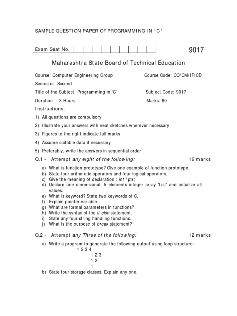 Sample Question Papers Pdf C Programming Language Subroutine