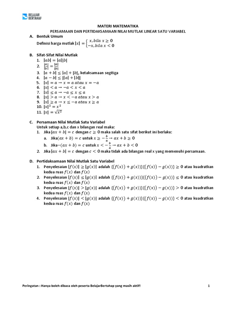 Persamaan dan Pertidaksamaan Nilai Mutlak | PDF