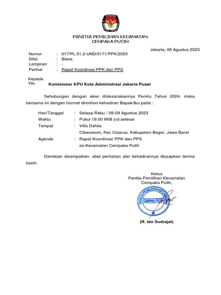 017 (Surat Undangan Rapat Koordinasi PPK Dan PPS KPU Kota Adm Jakpus) | PDF