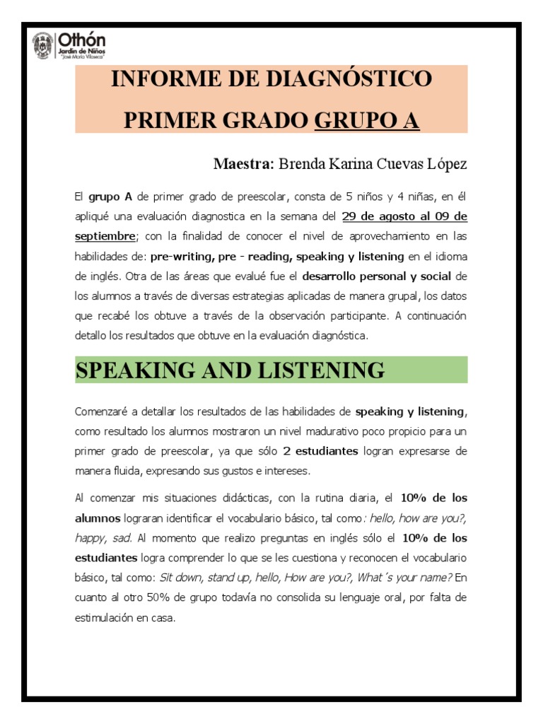 Informe de Diagnóstico Primer Grado Grupo A | PDF | Educación de la primera infancia ...