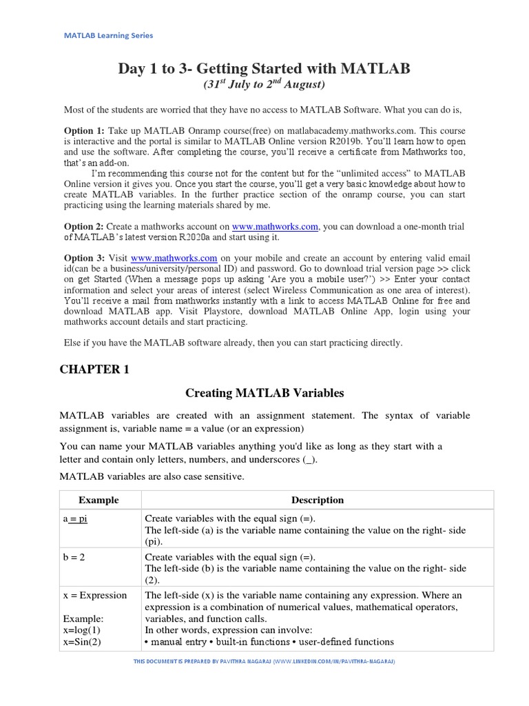 Day 1 To 3 of MATLAB Learning Series - Getting Started With MATLAB - Batch 7 | PDF ...