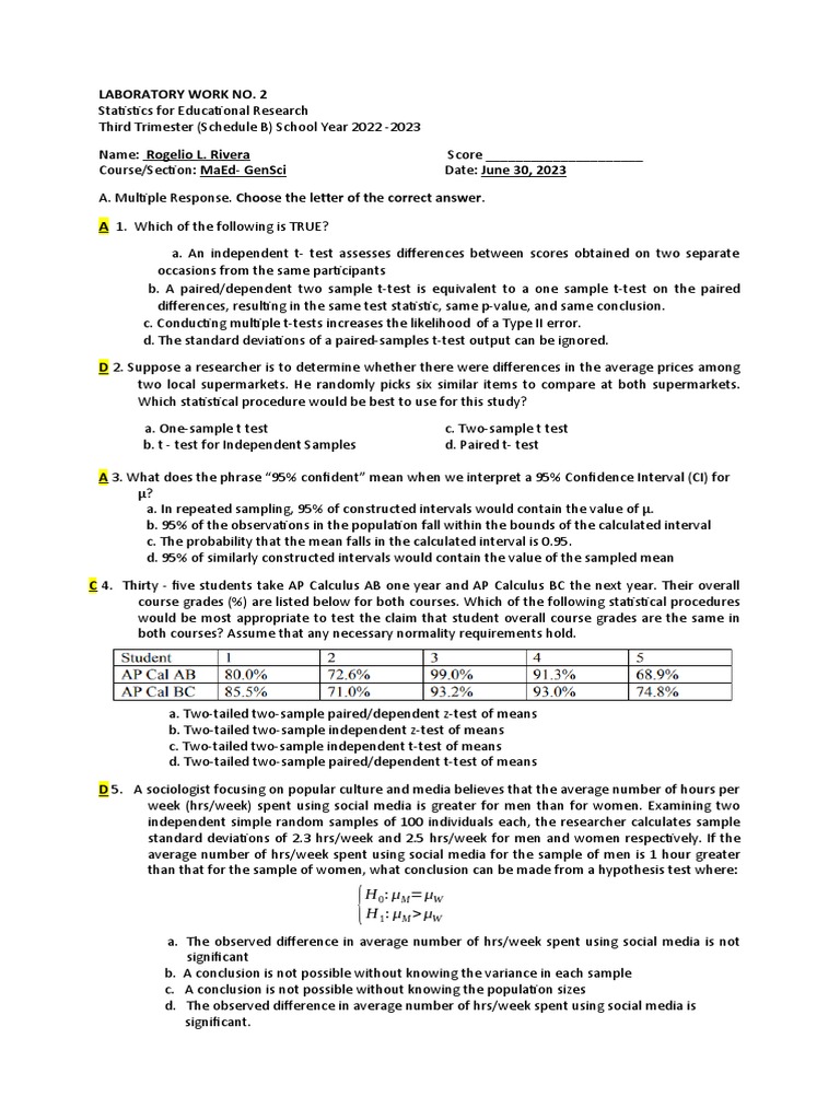 LABORATORY-WORK-NO-2-June-29-2023 | PDF | Student's T Test ...