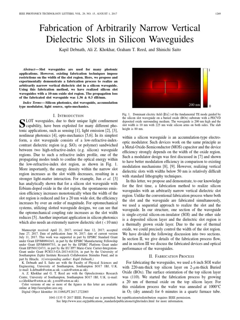 Fabrication of Arbitraily Narrow Vertical Dielectric Slots in Silicon ...