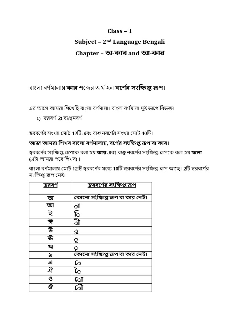 WGS - CL - 1 - Bengali - and - Work Sheet | PDF