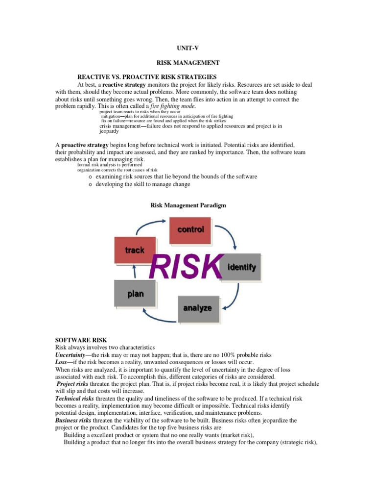 Unit-V Risk Management Reactive vs. Proactive Risk Strategies | PDF ...