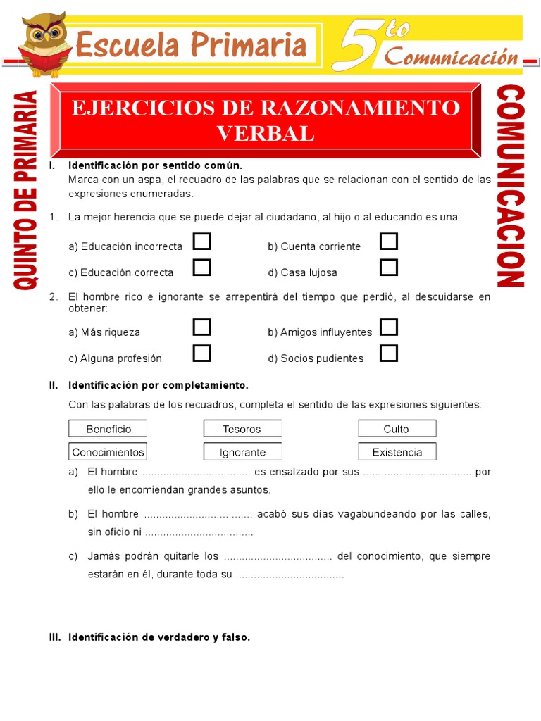 Ejercicios de Razonamiento Verbal Para Quinto de Primaria | PDF