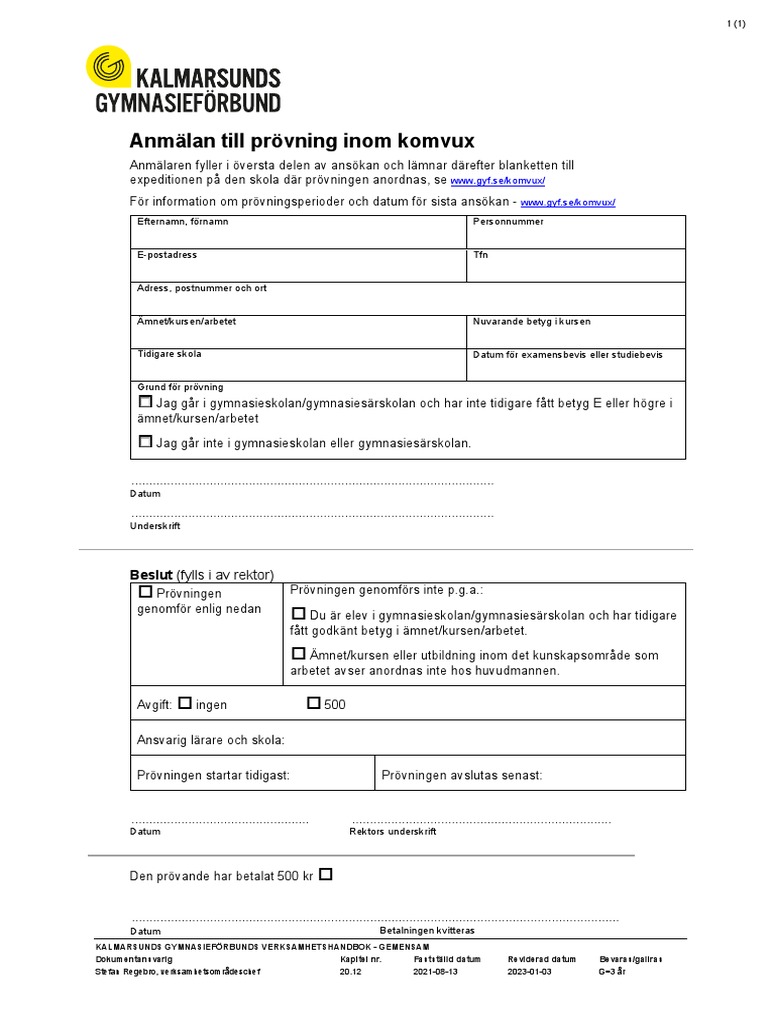 Rev. 230103 GYF Prövning, Anmälan Komvux - Blankett | PDF