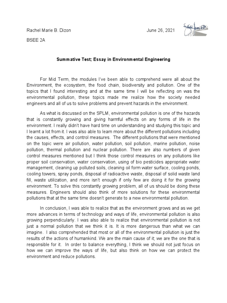 Essay Environmental Engineering | PDF | Pollution | Natural Environment