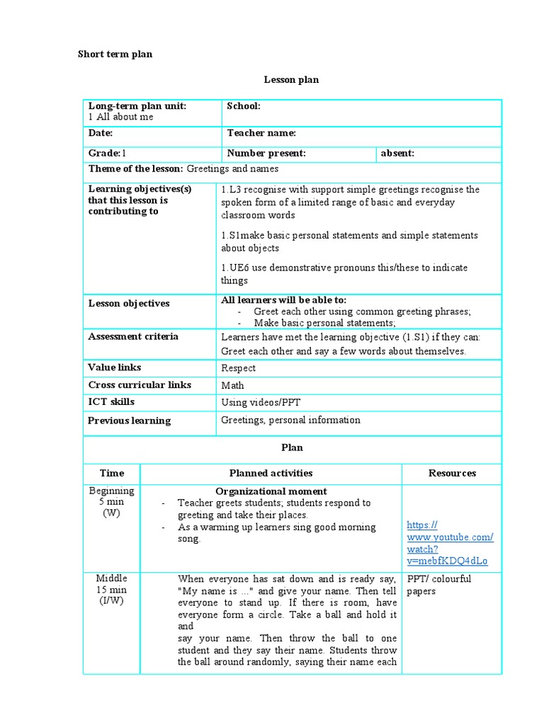 English Grade 1 Unit 1 All About Me Greetings and Names LESSON PLAN | PDF