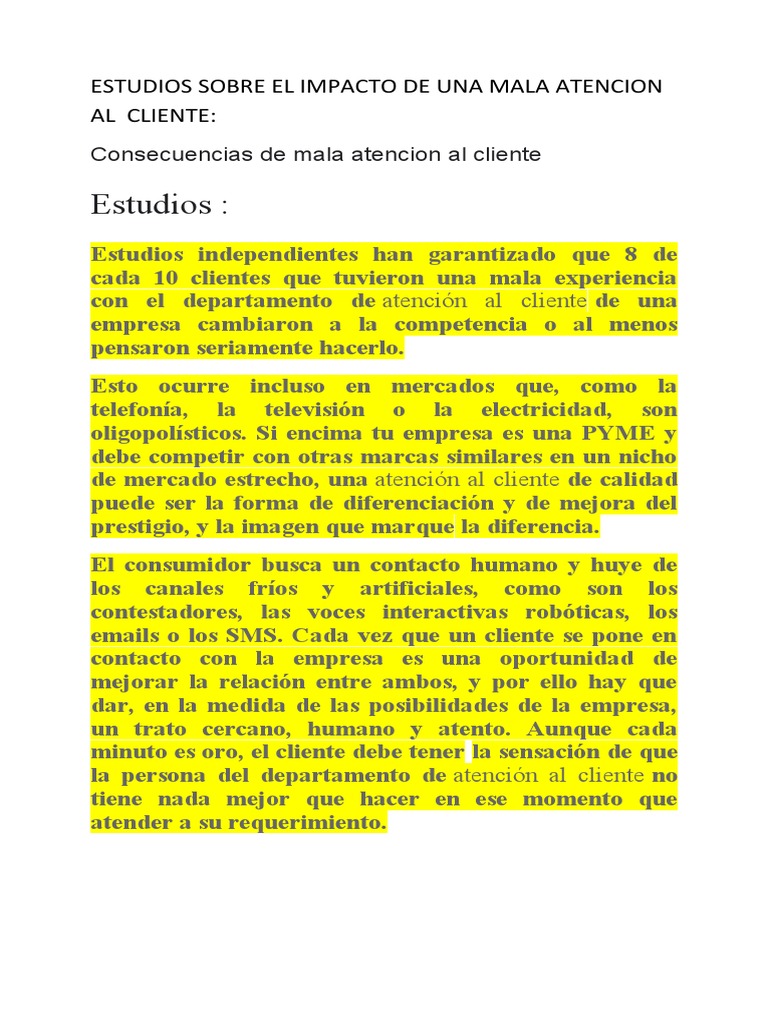Estudios Sobre El Impacto de Una Mala Atencion Al Cliente | PDF