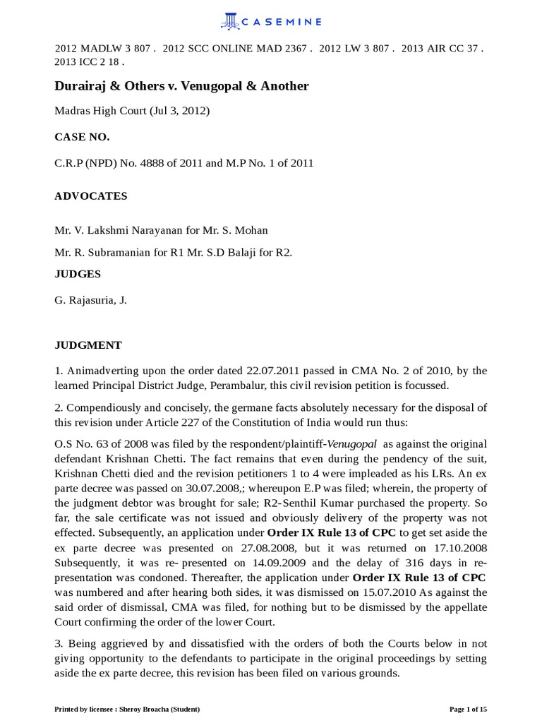 Durairaj & Others v. Venugopal & Another | PDF | Certiorari | Jurisdiction