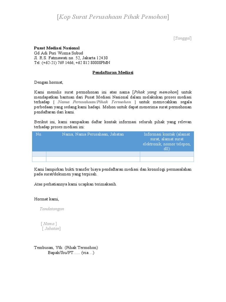 Contoh Surat Pendaftaran Mediasi May 18 | PDF