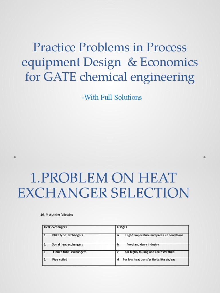 GATE Chemical Engg Design Problems | PDF | Heat Exchanger | Cost