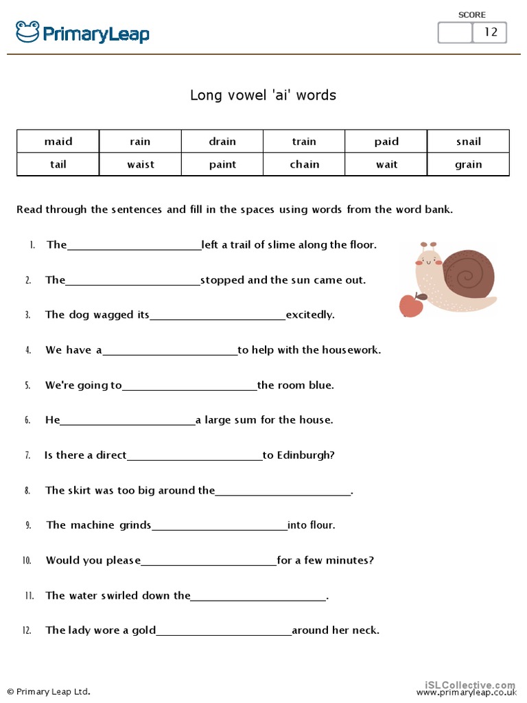 Long Vowel 'Ai' Words - Cloze Activity | PDF