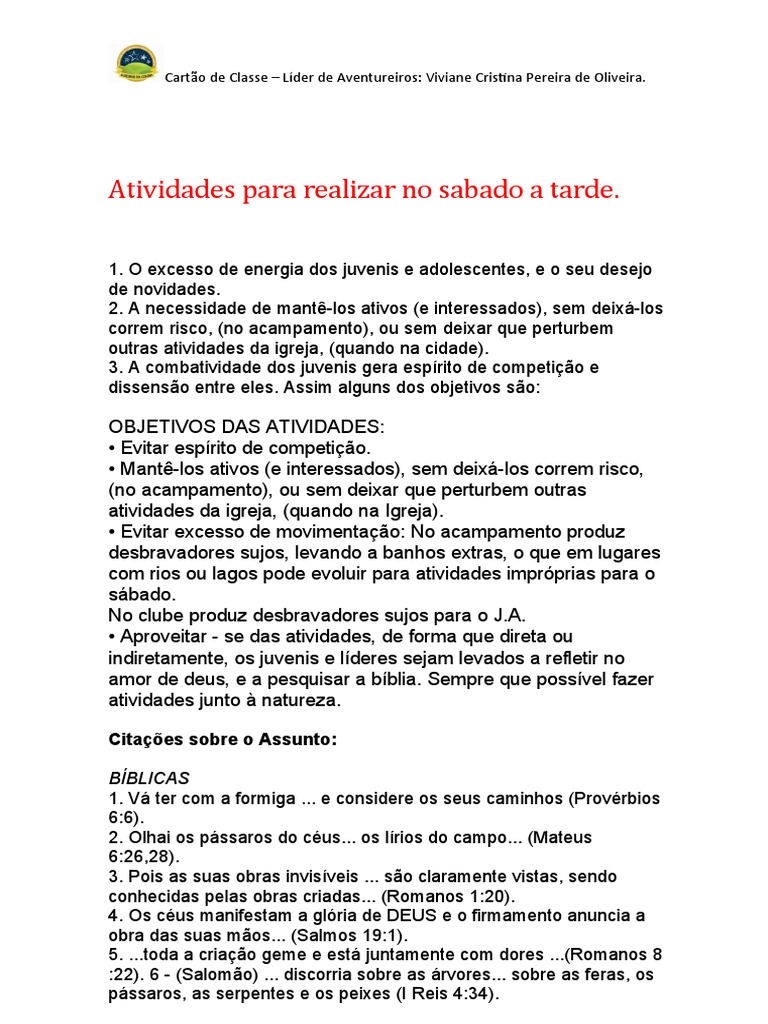Atividade Sabado A Tarde | PDF | Bíblia | Plantas