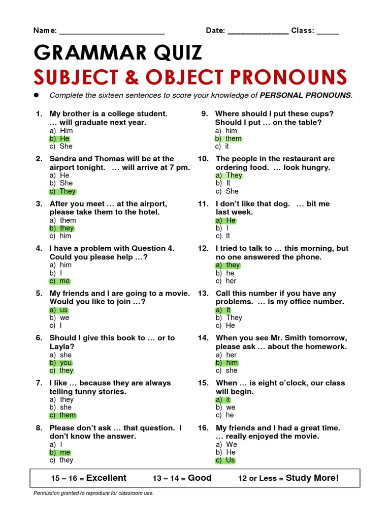 Subject - Object Pronouns Quiz | PDF | Language Mechanics | Linguistic ...