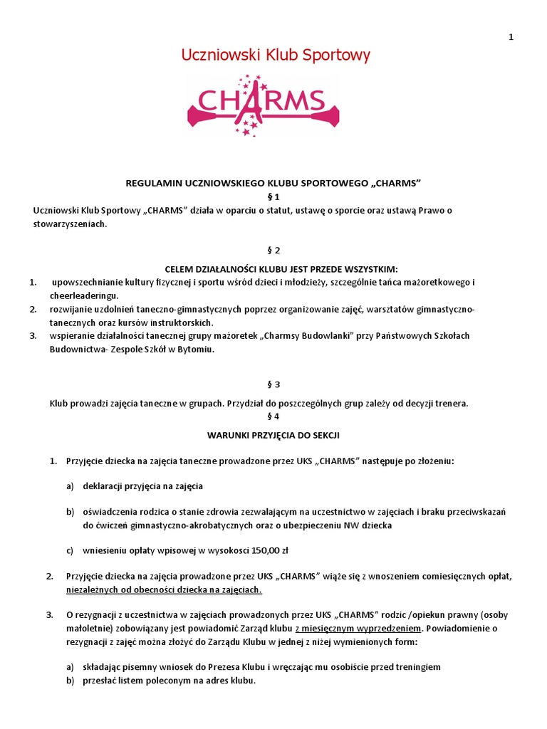 Uczniowski Klub Sportowy: Regulamin Uczniowskiego Klubu Sportowego Charms" | PDF