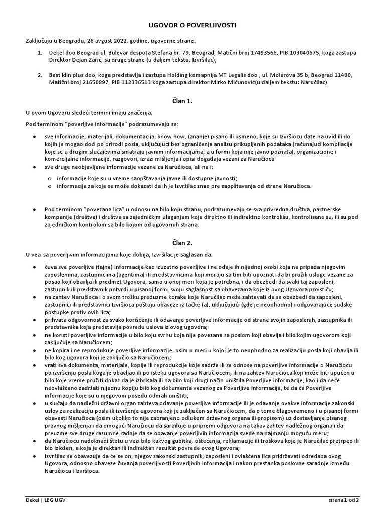 SRC LEG UGV OUT Ugovor o Poverljivosti | PDF