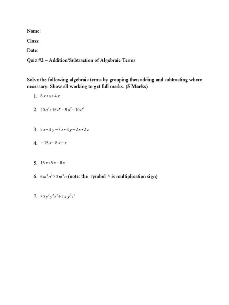 Quiz #2 - Addition and Subtraction of Algebraic Terms | PDF
