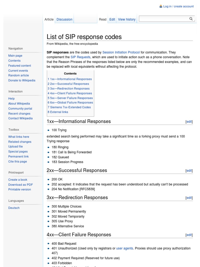 HTTP en - Wikipedia.org Wiki List of SIP Response Codes | PDF | Session Initiation Protocol ...