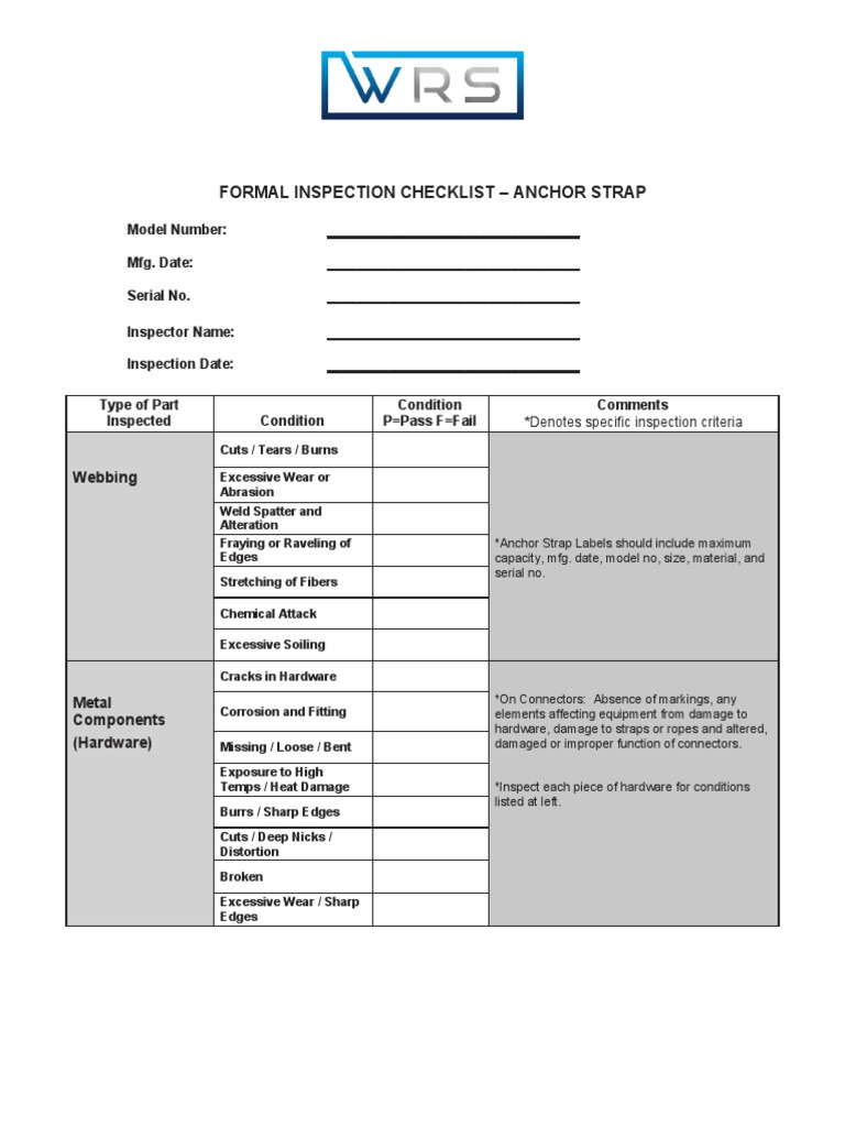 Anchor Strap Formal Inspection Checklist | PDF