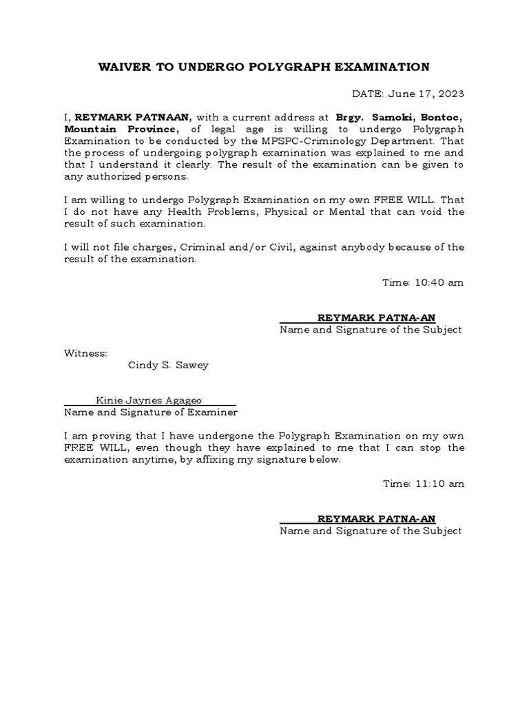 Polygraph Examination Consent Waiver | PDF