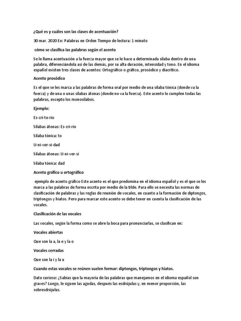 Clases de acentuación en español | PDF | Fonética | Lingüística