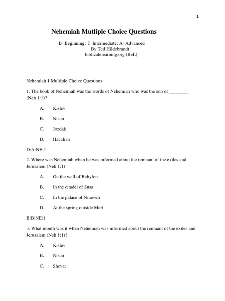 Nehemiah Multiple Choice Quiz | PDF | Moses | Israelites