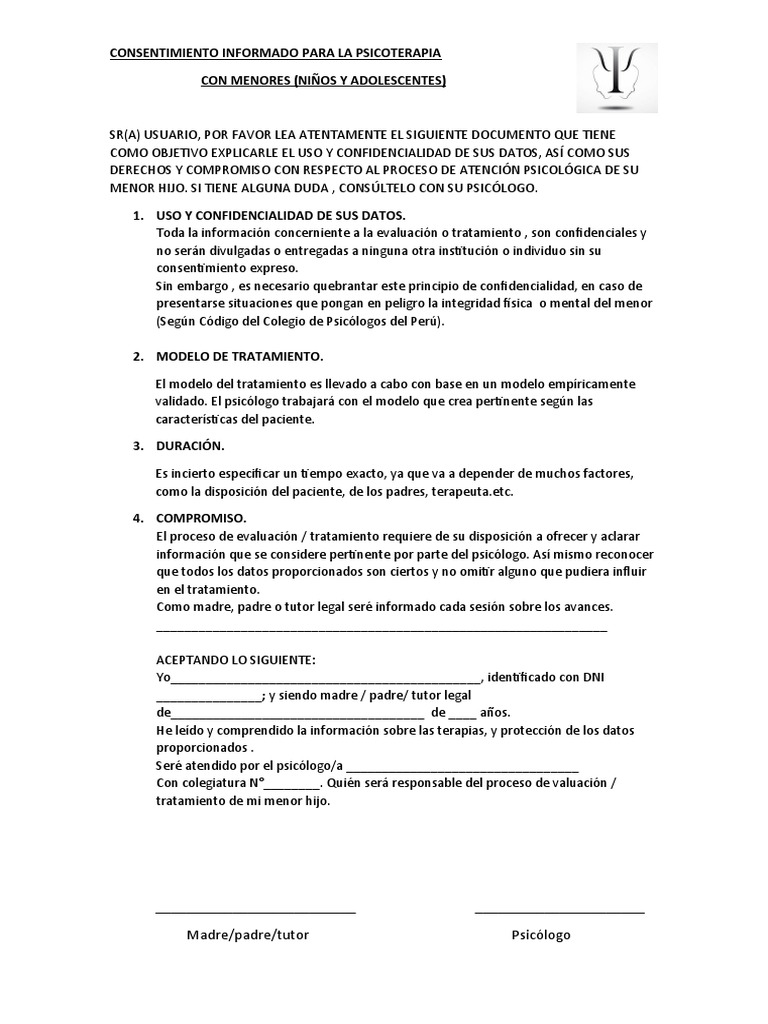 CONSENTIMIENTO INFORMADO PARA LA PSICOTERAPIA-niños | PDF | Salud y ...
