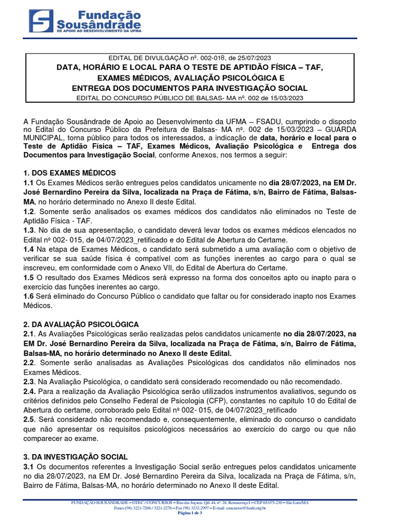 1325 Edital 002 018 Horario Taf Exames Investigacao | PDF