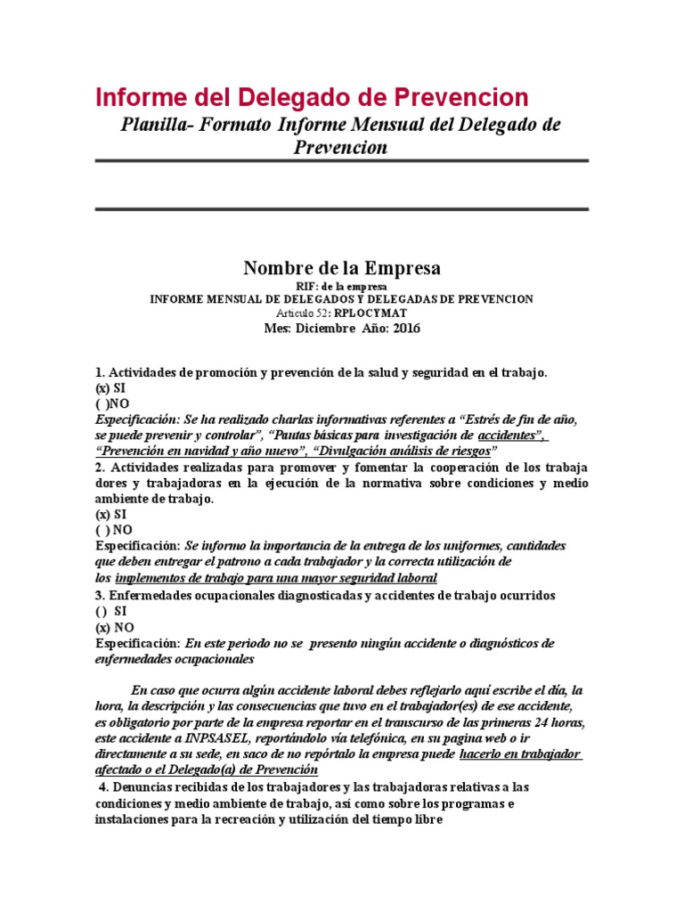 Informe Del Delegado de Prevencion | PDF