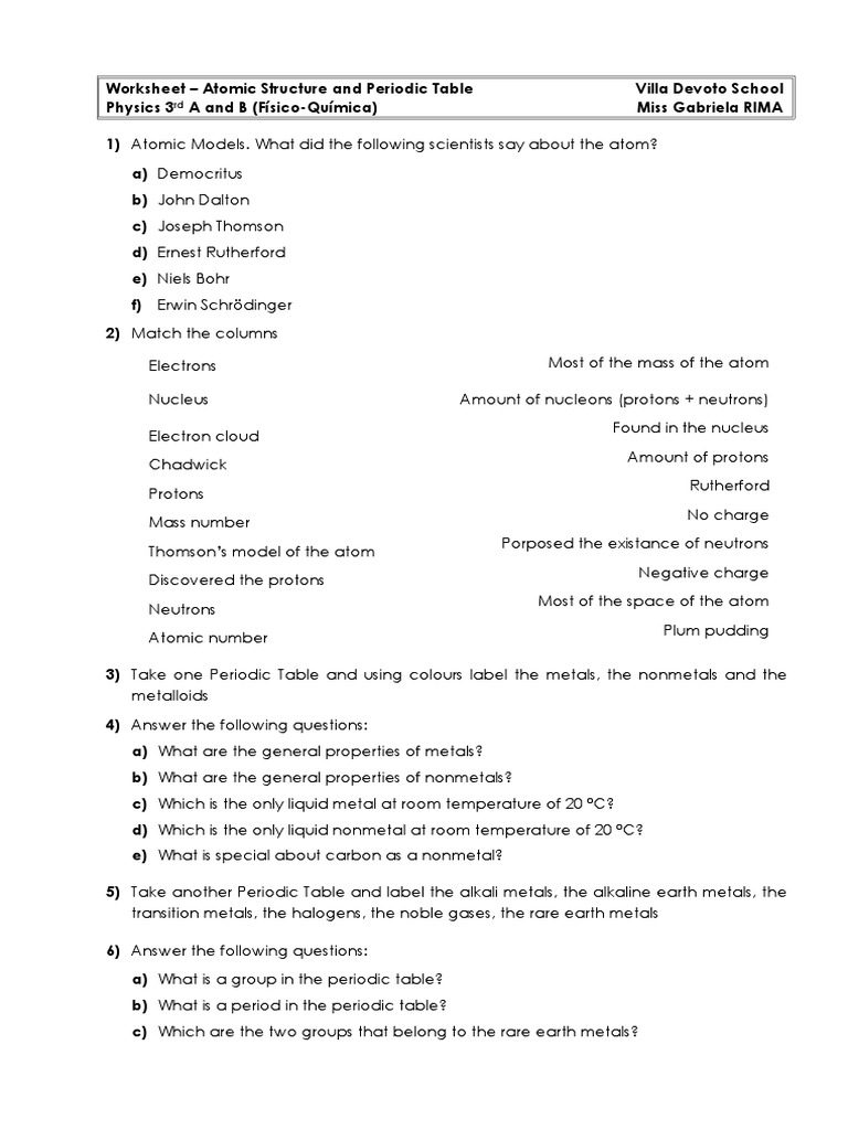 3rd - Atomic Structure and Periodic Table - Worksheet | PDF | Atoms ...