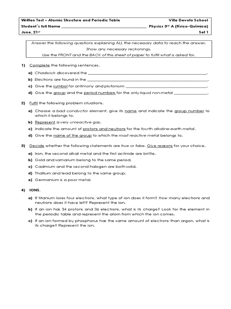 Physics 3rd A Chemistry Test | PDF | Teaching Methods & Materials ...
