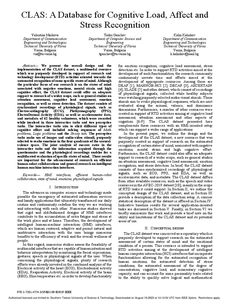 Clas A Database For Cognitive Load Affect And Stress Recognition Pdf