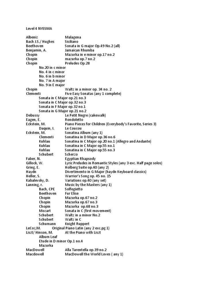 NYSSMA Level 4 PIANO 2008 | PDF | Sonata | Frédéric Chopin