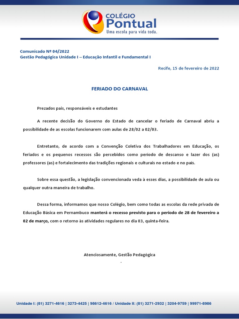 Comunicado No 04 Feriado - Carnaval | PDF