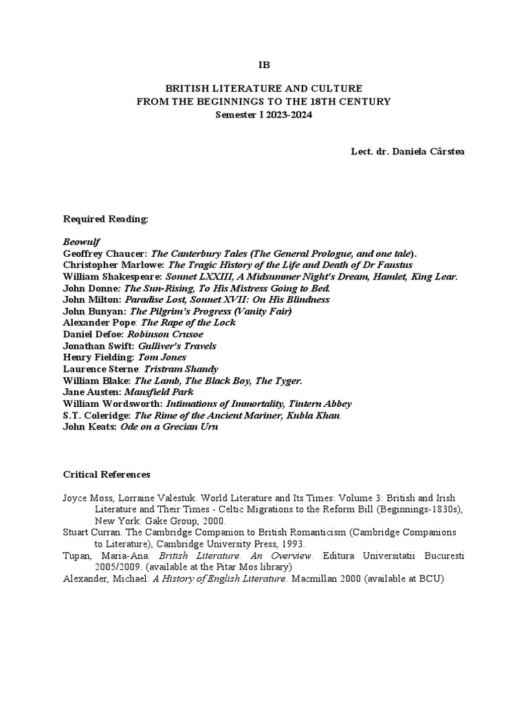 IB British Literature Syllabus 2023-24 | PDF