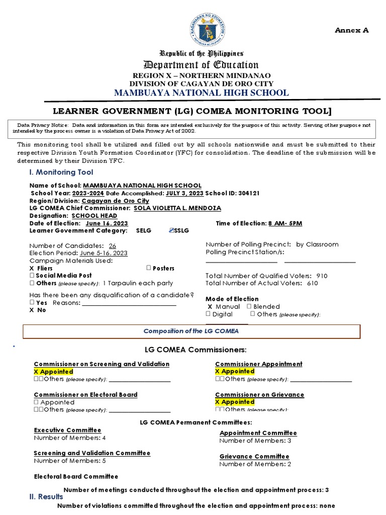 MambuayaNHS - SSLG COMEA Monitoring Tool | PDF | Democracy | Political Ideologies