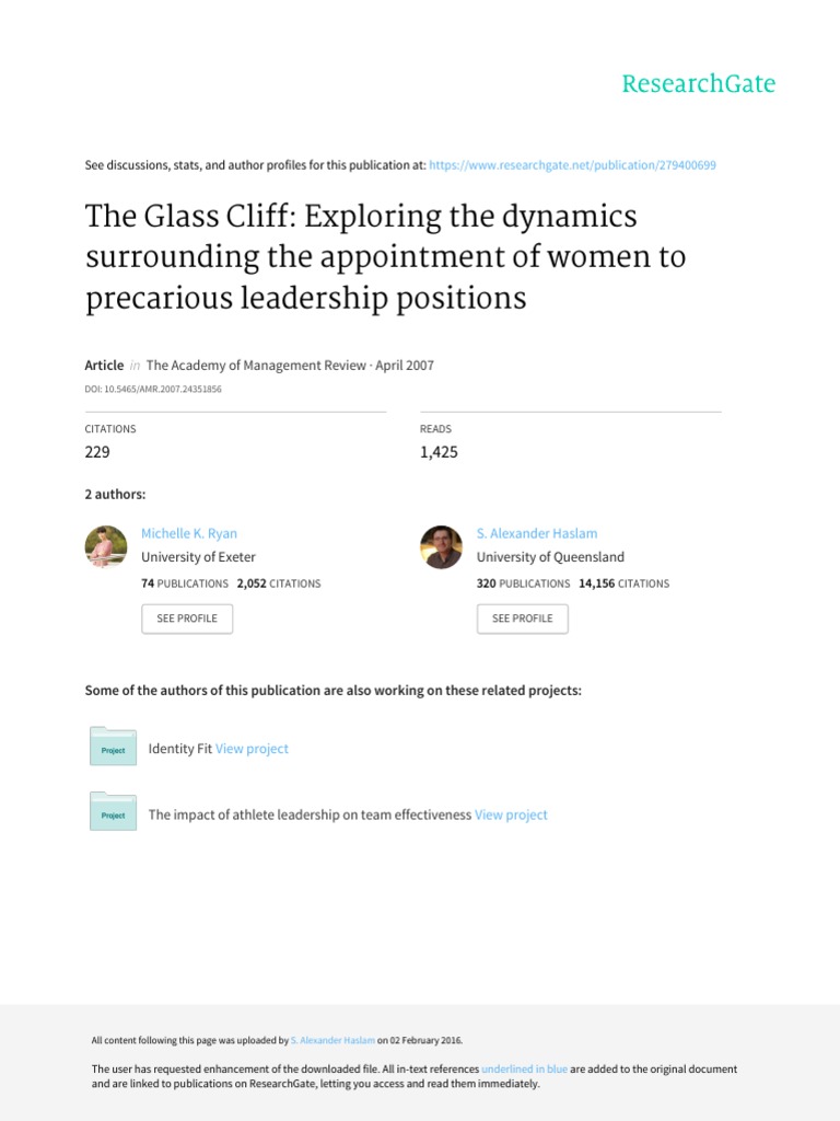 Ryan - Haslam - 2007 - Academy of Management Review - The Glass Cliff | PDF | Leadership ...