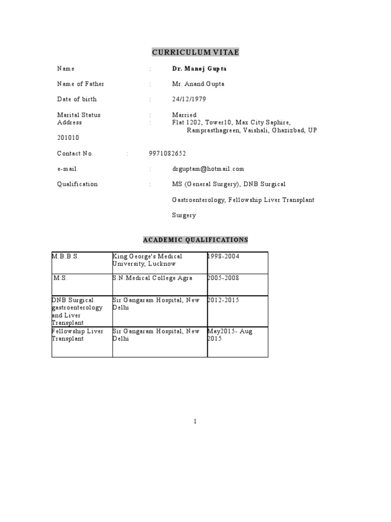 CV - DR Manoj | PDF | Surgery | Medical School