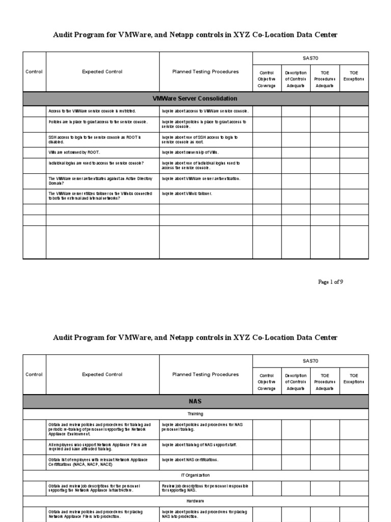 Audit Program For VMWare, and Netapp Controls in XYZ Co-Location Data Center | PDF