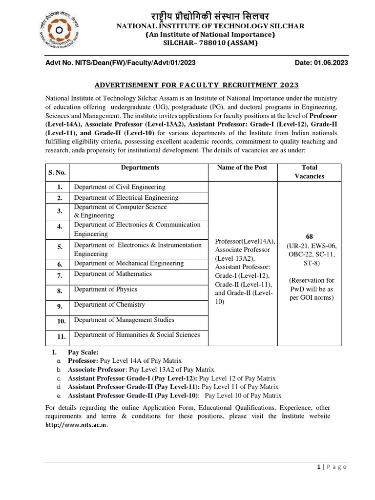 Revised - NIT Silchar Faculty Advt-Published | Download Free PDF | Engineering