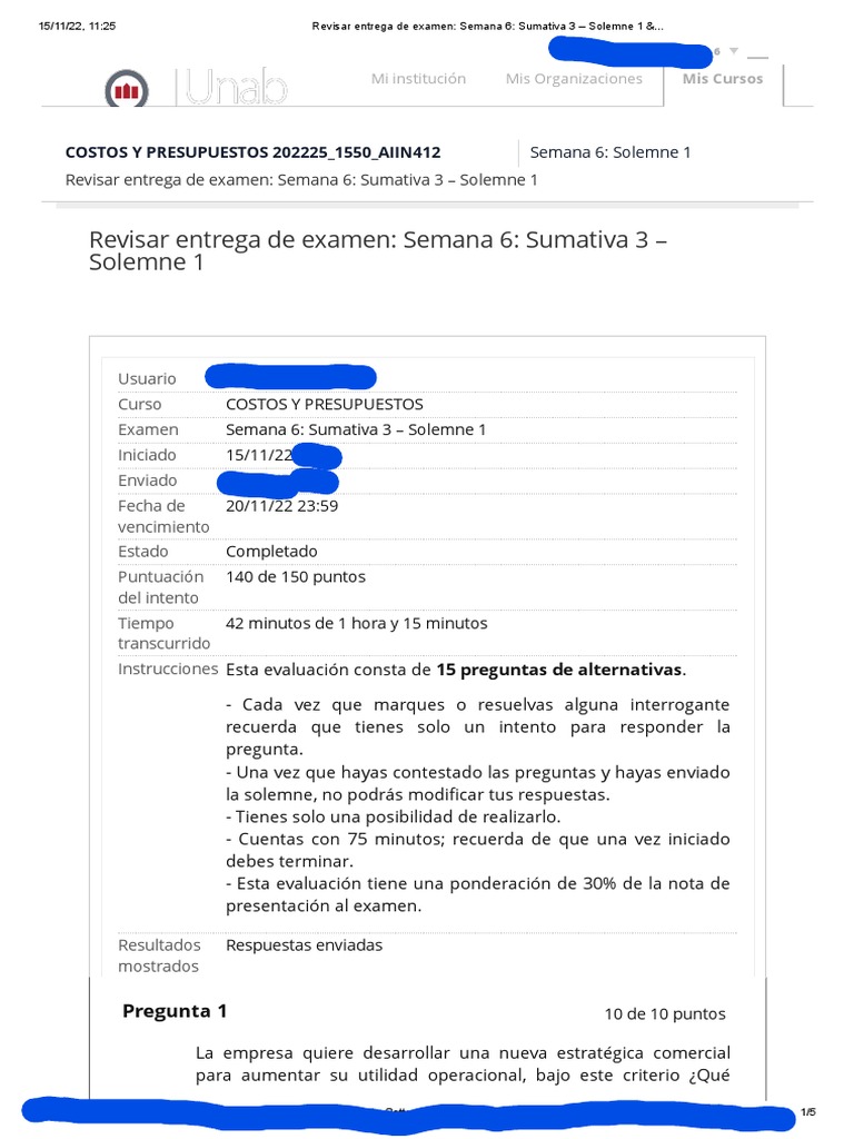 Revisar Entrega de Examen - Semana 6 - Sumativa 3 - Solemne 1 Costo y Presupuesto | Descargar ...