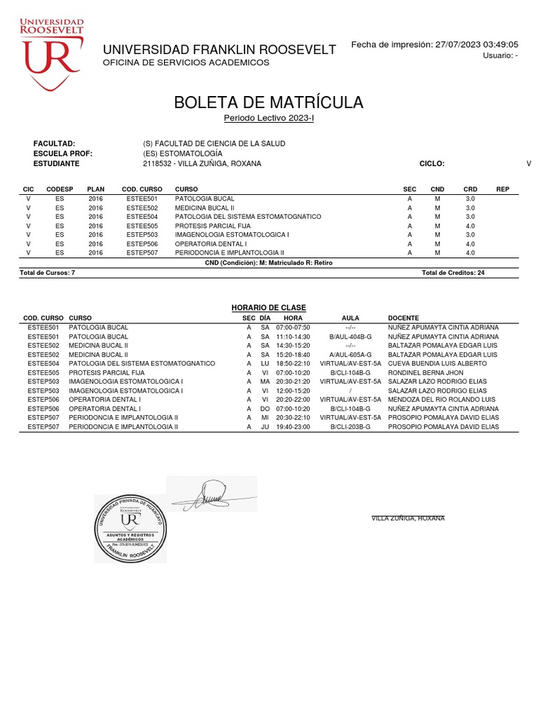 Boleta de Matrícula: Universidad Franklin Roosevelt | PDF