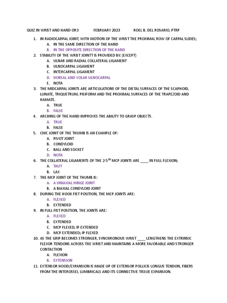 Quiz in Wrist and Hand Ors3 | PDF | Hand | Thumb