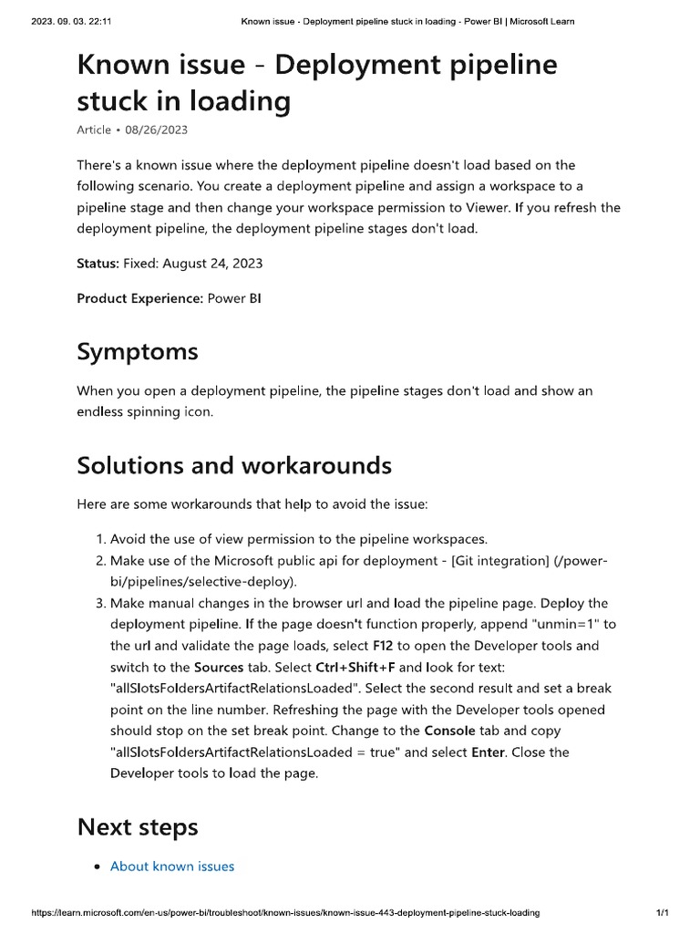 Known Issue - Deployment Pipeline Stuck in Loading | PDF