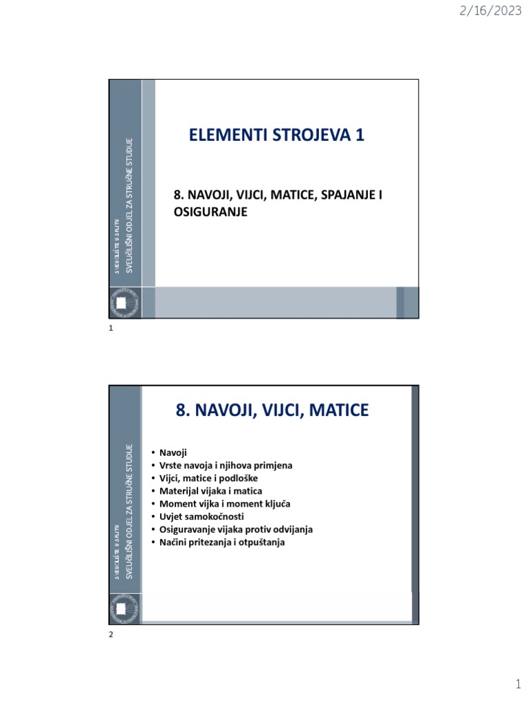 P08 Elementi Strojeva 1, Navoji, Vijci, Matice, Spajanje, Osiguranje 2022-23 | PDF