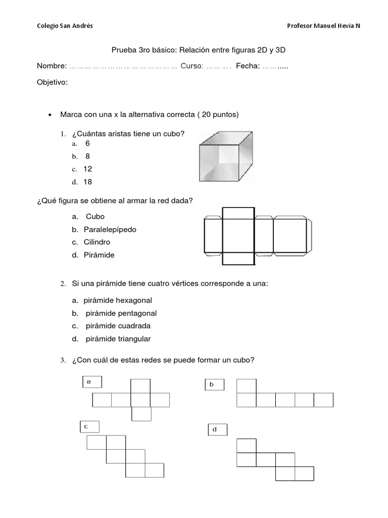 Prueba de Figuras 2D y 3D 3ro Básico | PDF | Geometría euclidiana ...