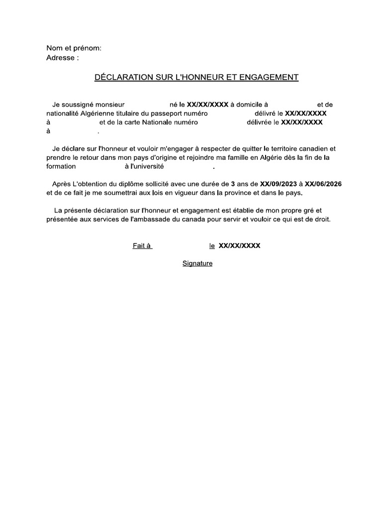 Déclaration Sur L'honneur Et Engagement | PDF