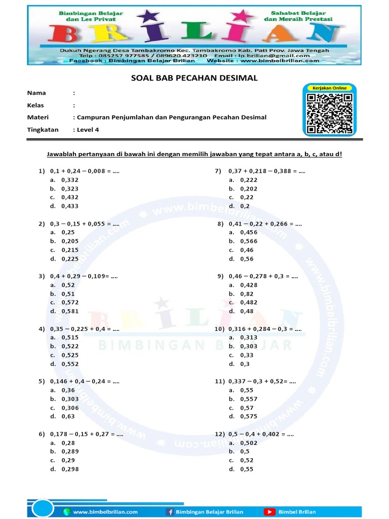 Soal Campuran Penjumlahan Pengurangan Pecahan Pesimal Level 4 | PDF Soal Campuran Penjumlahan Pengurangan Pecahan Pesimal Level 4 | PDF